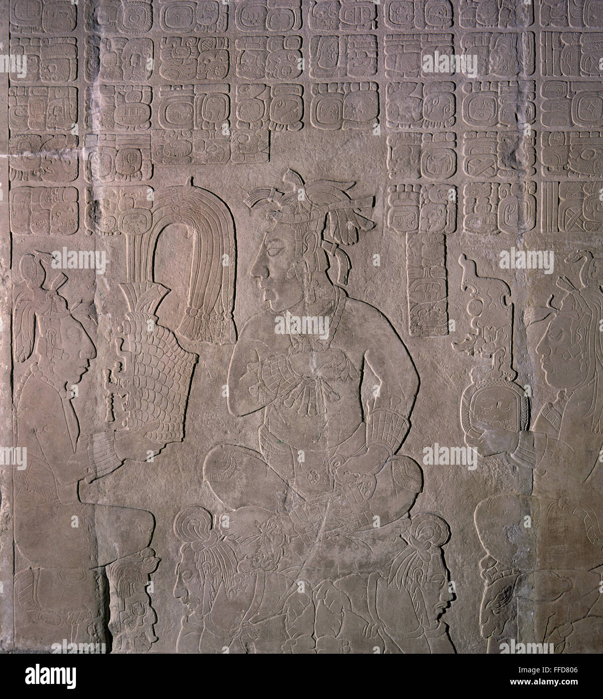 MAYAN RELIEF, 600-700 A.D. /nA priest and priestess wearing birds on ...