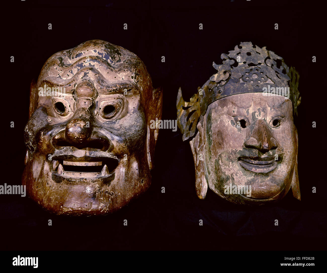 JAPAN: GAGAKU MASKS. /nWood Japanese gagaku masks used for pantomime ...