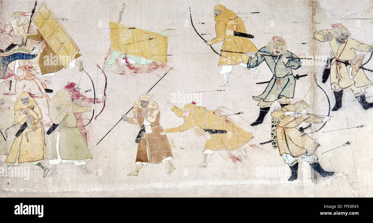 JAPAN: MONGOL INVASION. /nMongol warriors stand behind thick bamboo ...