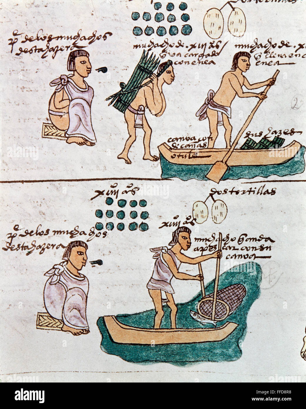 AZTEC DAILY LIFE, c1540. /nA father teaches his son how to carry ...