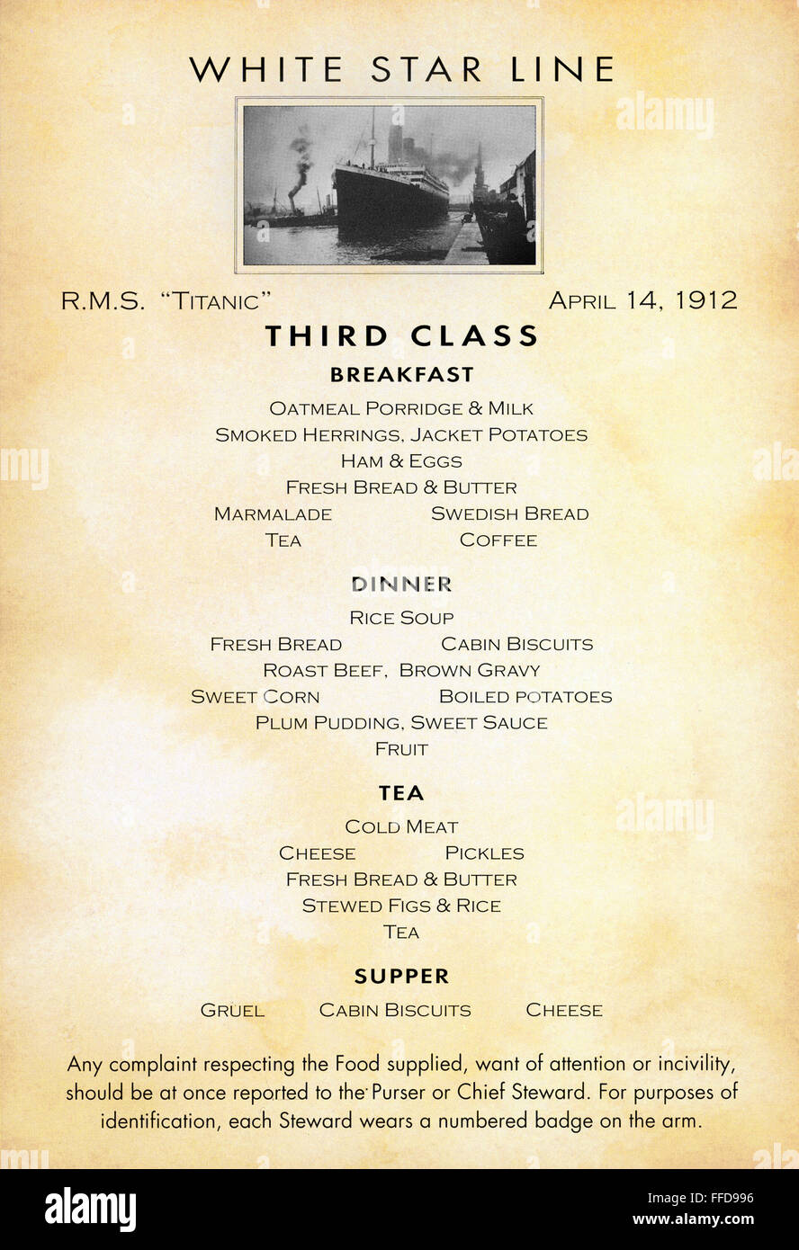 TITANIC: MENU, 1912. /nMenu for third-class passengers on board the ...