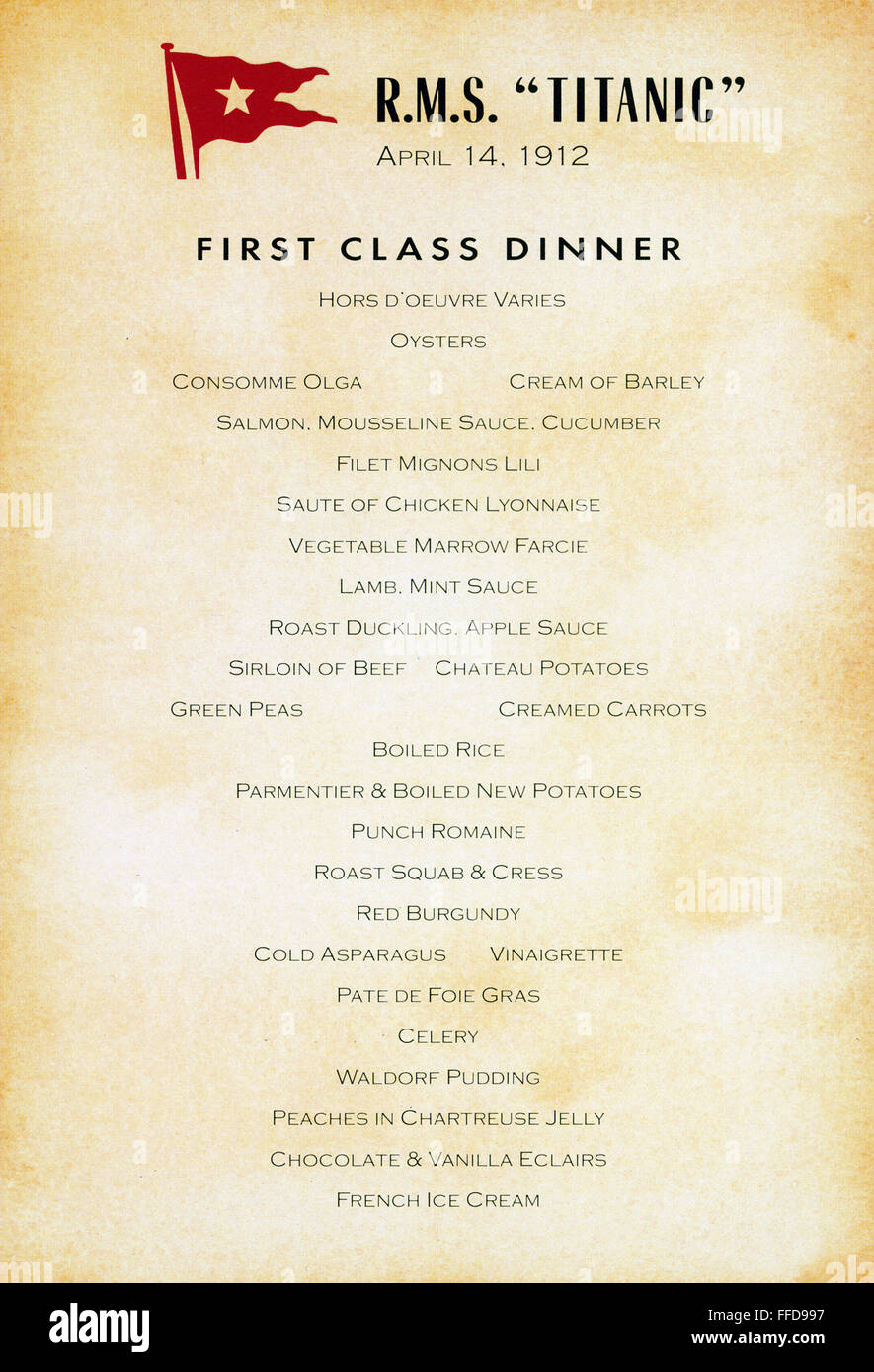 TITANIC: MENU, 1912. /nDinner menu for first-class passengers on board ...