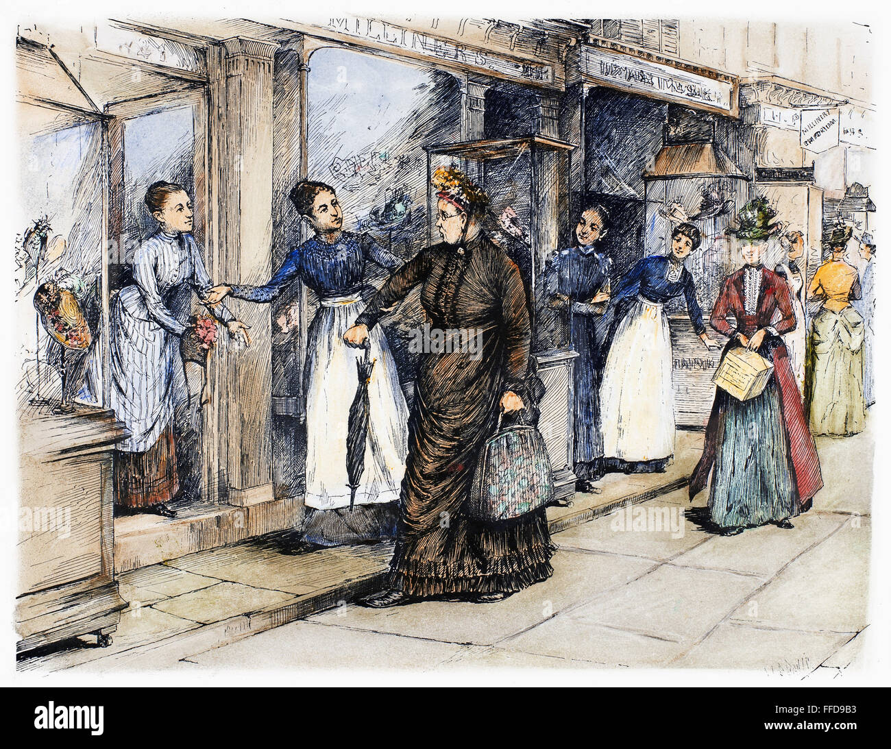 NEW YORK: MILLINER, 1889. /nCorralling a customer outside a millinery ...