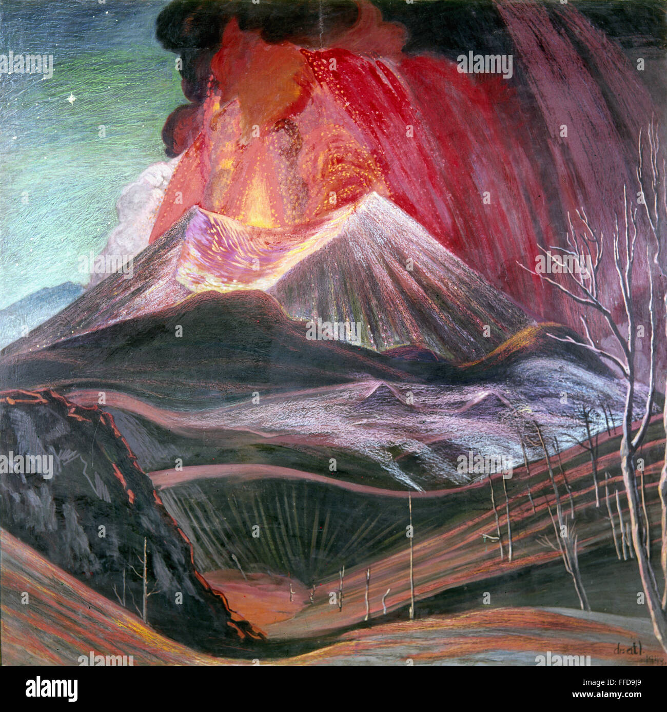 ATL: VOLCANO, 1943. /nEruption of a volcano. Painting by Mexican artist ...