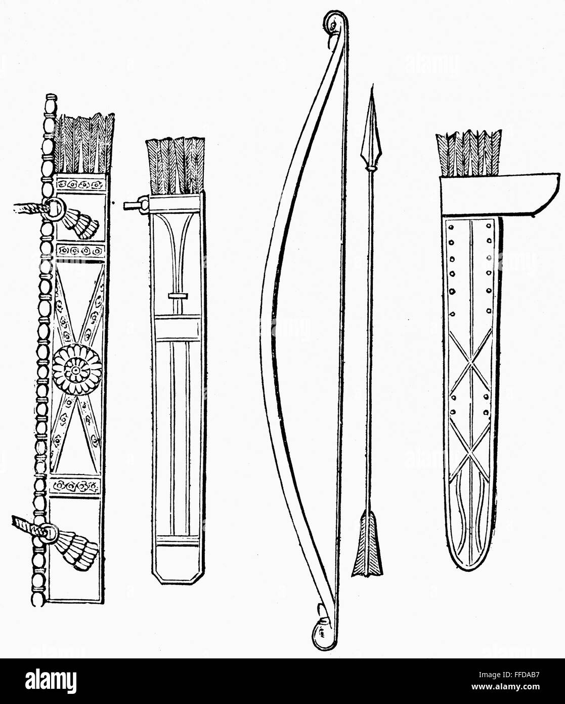 ASSYRIAN BOW AND ARROW. /nAncient Assyrian bow, arrow and quivers. Line ...