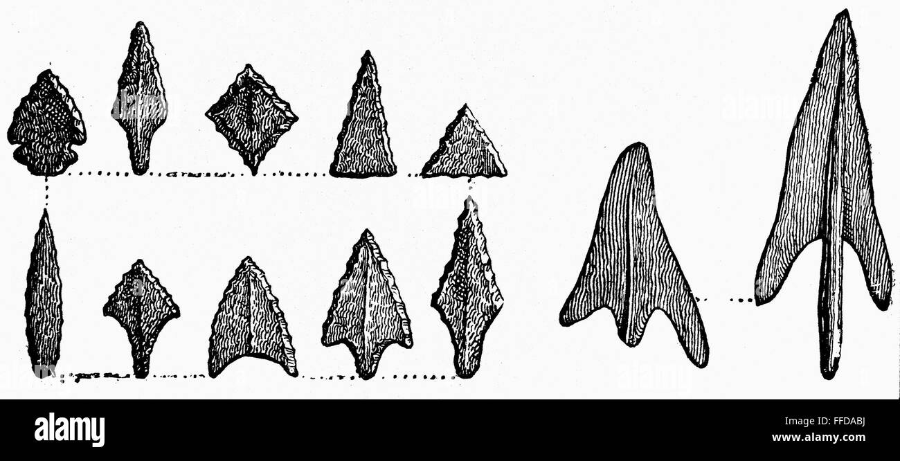 STONE ARROWHEADS. /nVarious stone age arrowheads. Line engraving Stock ...
