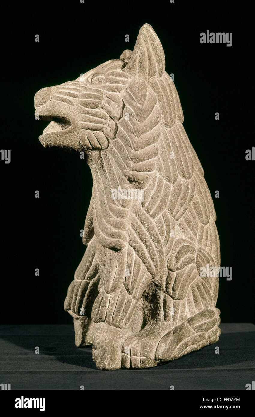 MEXICO: AZTEC SCULPTURE. /nPlumed coyote carved from olivine basalt ...