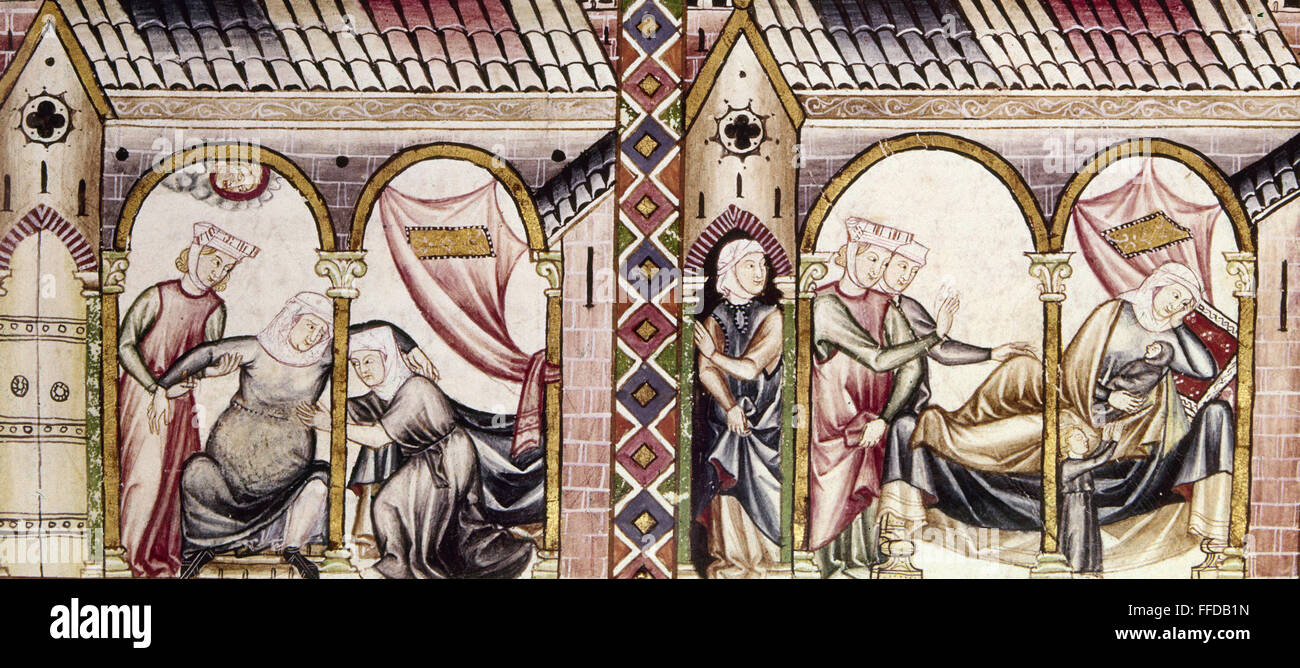 SPAIN: MEDIEVAL CHILDBIRTH. /nFour scenes from a Miracle tale in which ...