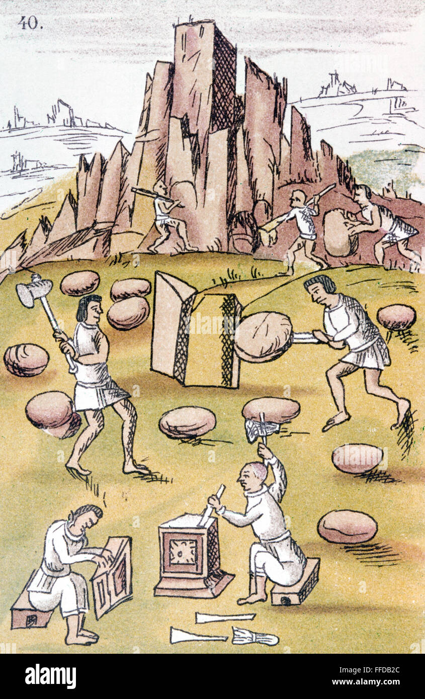 AZTEC STONE MASONS. /nAztec stone masons at work. Drawing from the ...