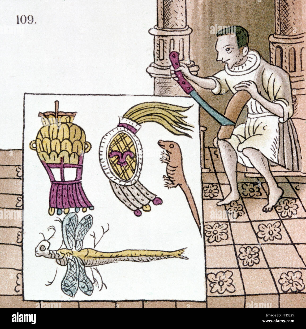 AZTEC CRAFTSMAN. /nAn Aztec craftsman in a workshop. Drawing from the ...