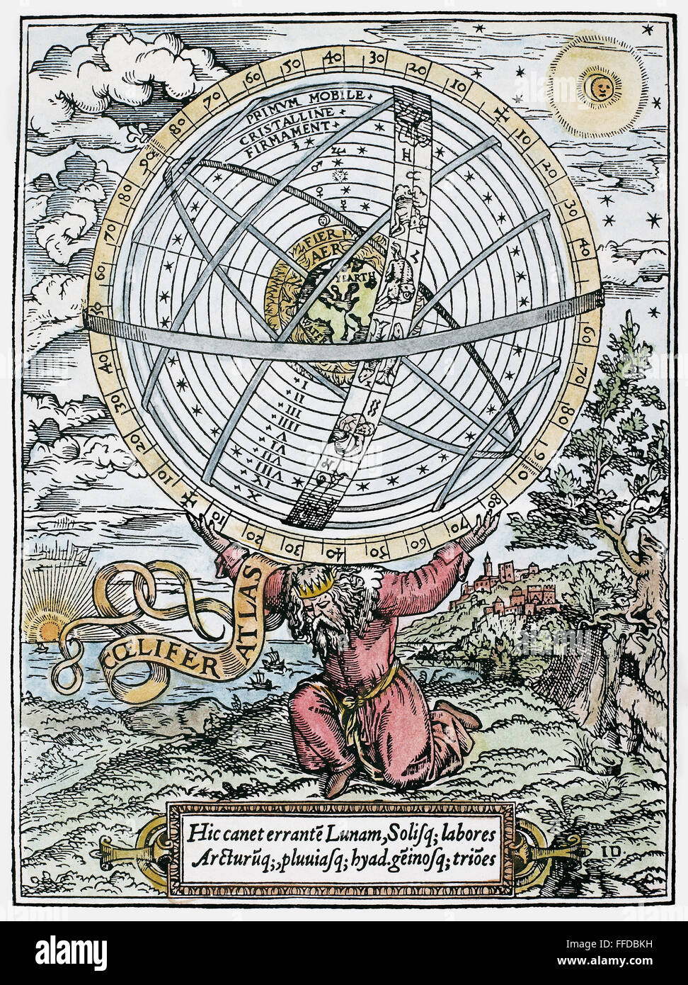 PTOLEMAIC UNIVERSE, 1559. /nAtlas holding up a geocentric universe ...
