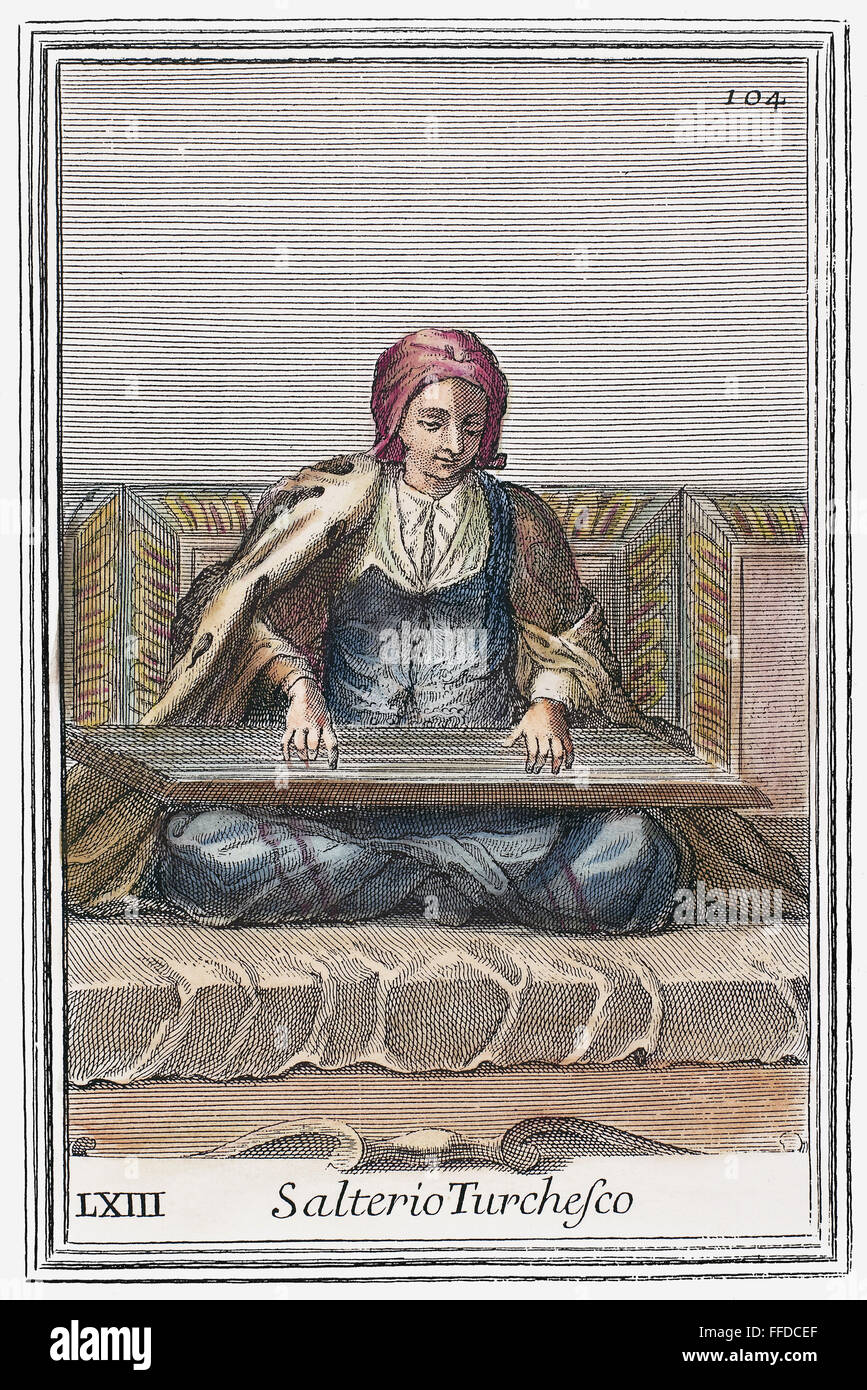 PSALTERY, 1723. /nA woman playing a Turkish psaltery, known as a kanun ...