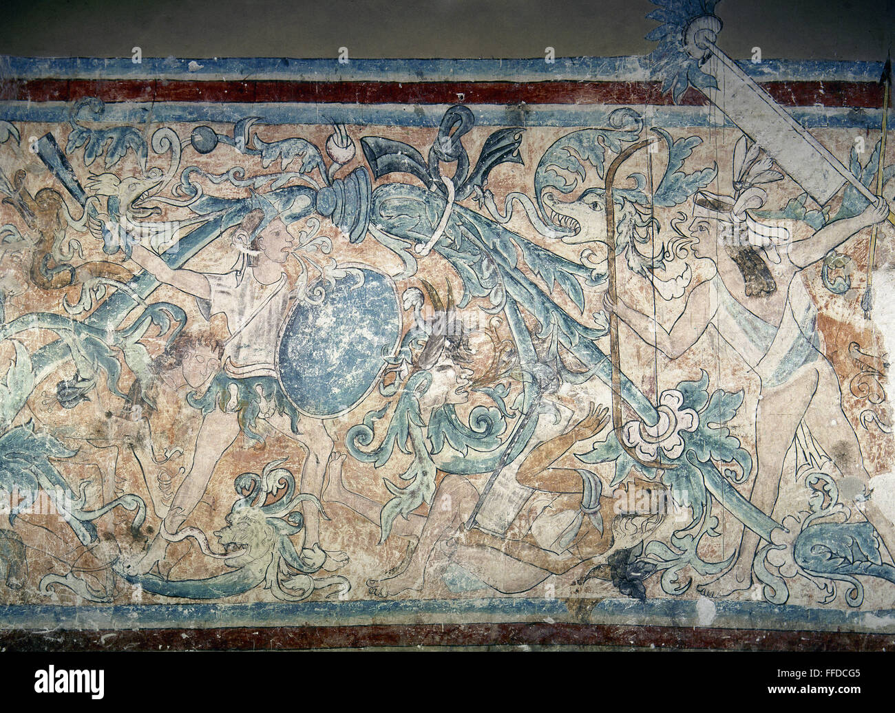 MEXICO: FRESCO PAINTING. /nAztec warriors and fanciful beasts. Fresco ...