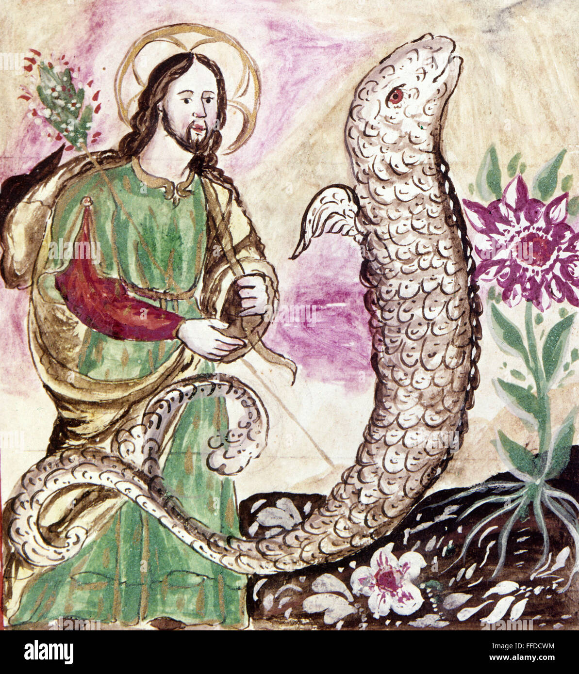 JESUS AND SERPENT. /nDetail from a Mexican manuscript illumination ...