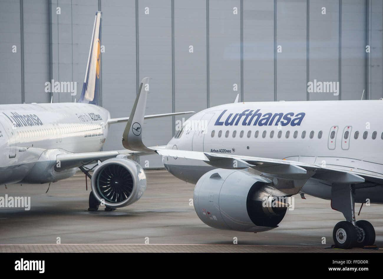 Hamburg, Germany. 12th Feb, 2016. Two Airbus A320neo pictured on the ...