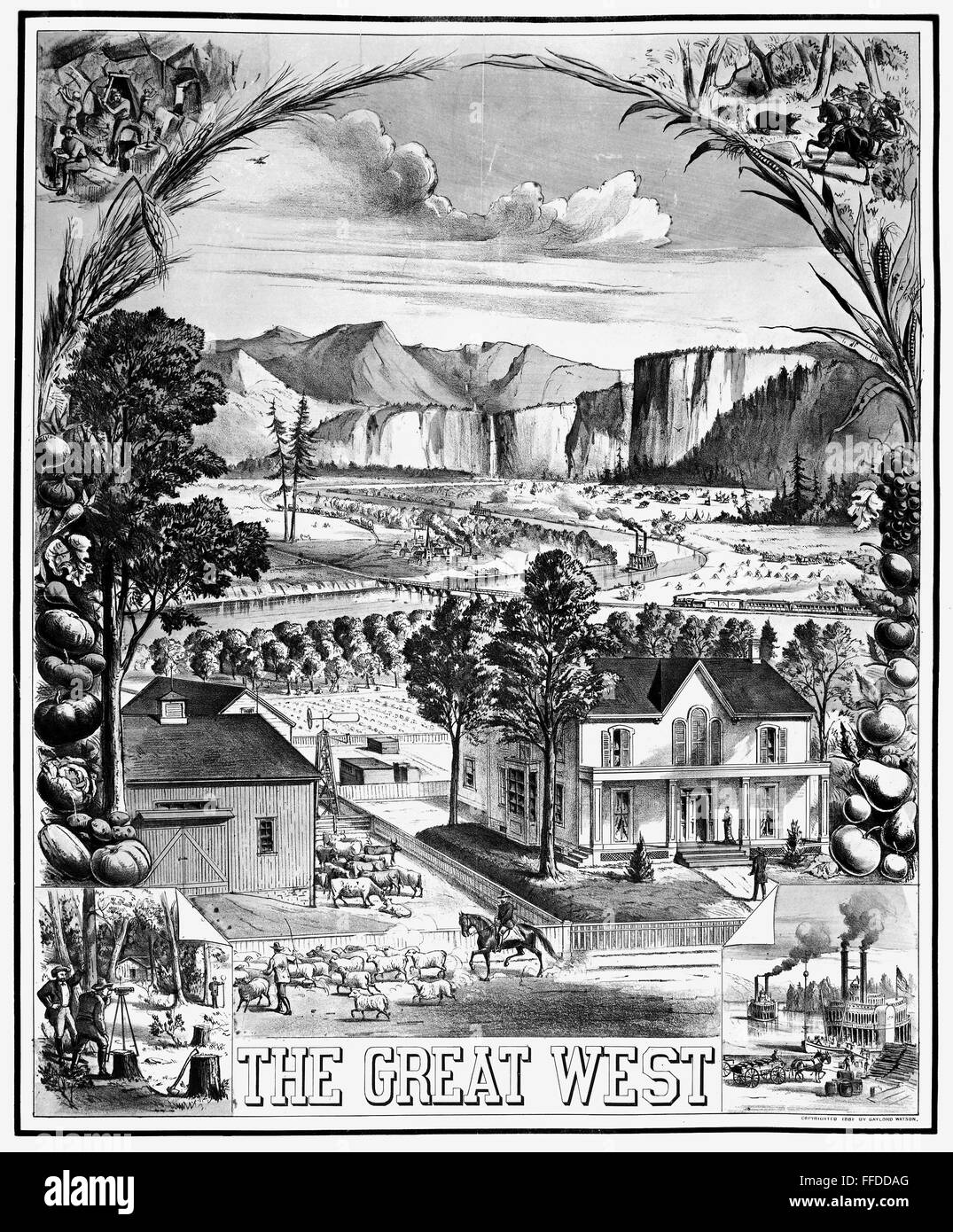 'THE GREAT WEST,' 1881. /nAmerican lithograph with scenes of farming ...