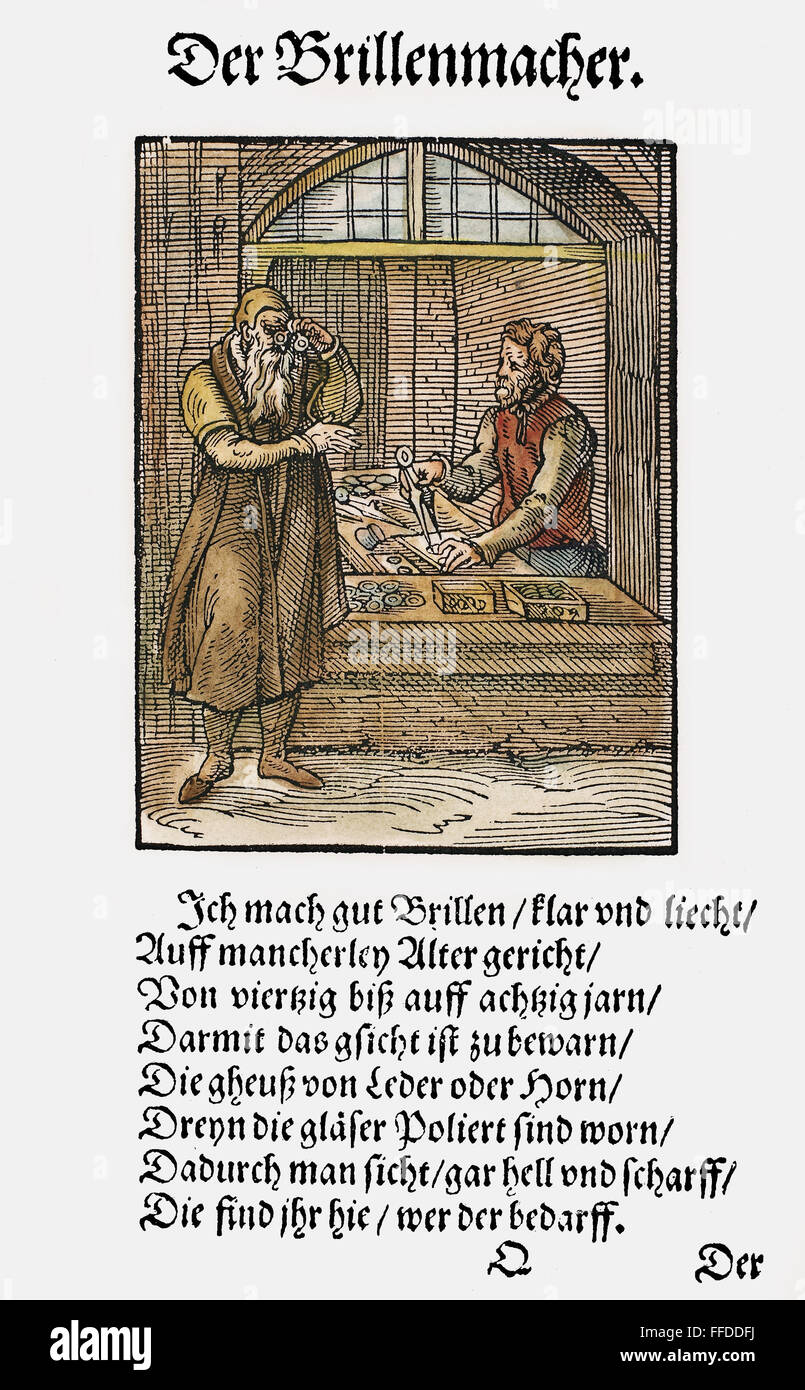 SPECTACLE MAKER, 1568. /nWoodcut, 1568, by Jost Amman Stock Photo - Alamy