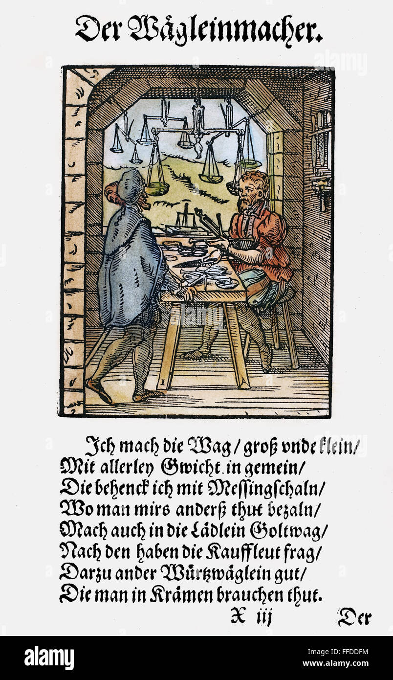 SCALE MAKER, 1568. /nWoodcut, 1568, by Jost Amman Stock Photo - Alamy