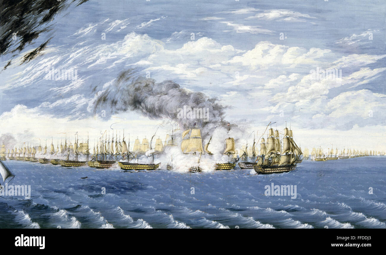 BATTLE OF TRAFALGAR, 1805. /nOil on canvas, Spanish, 1805 Stock Photo ...