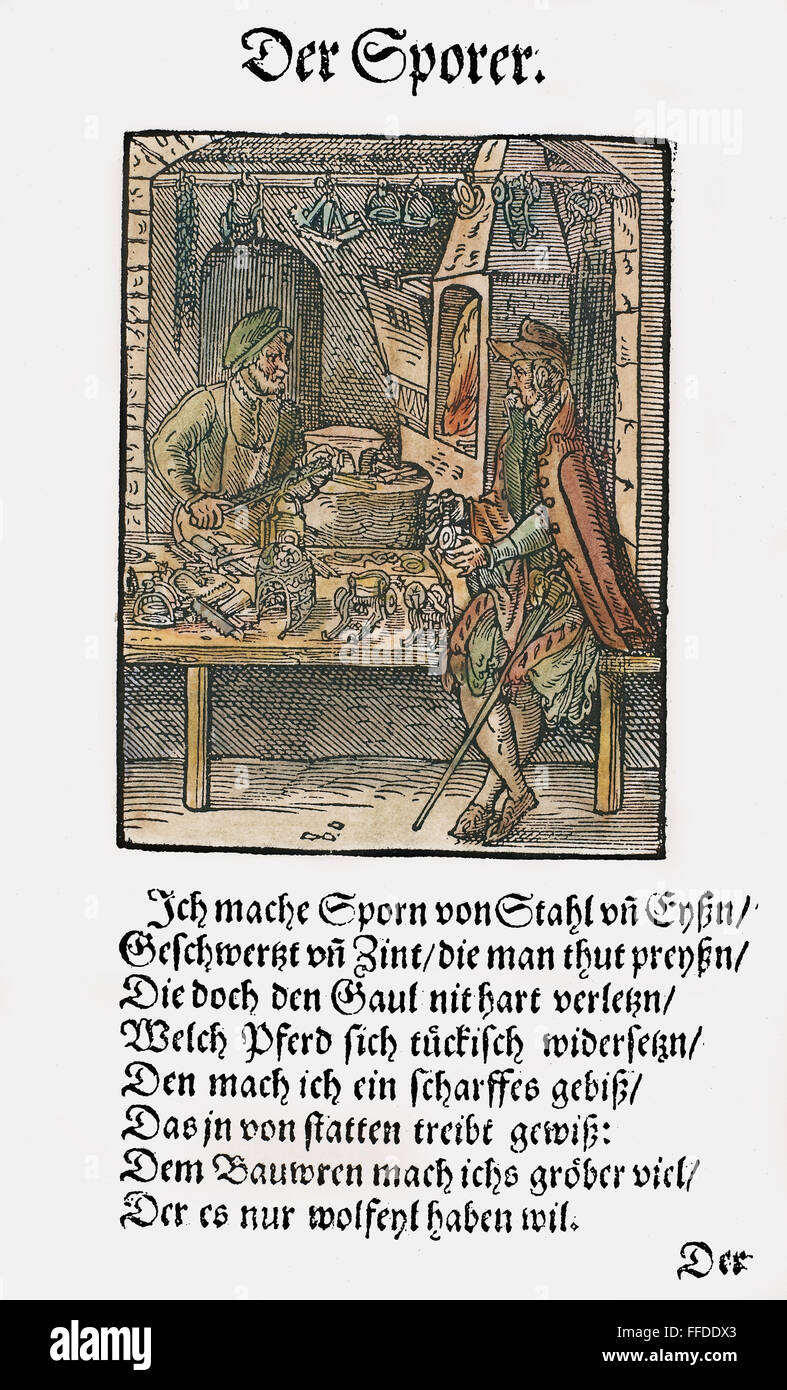 SPUR MAKER, 1568. /nA maker of spurs and bits in his workshop. Woodcut ...