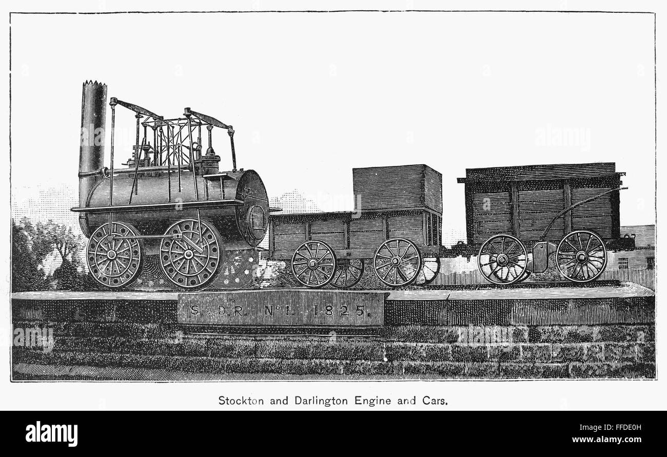 ENGLISH LOCOMOTIVE, 1825. /nEngine and cars of the Stockton and ...