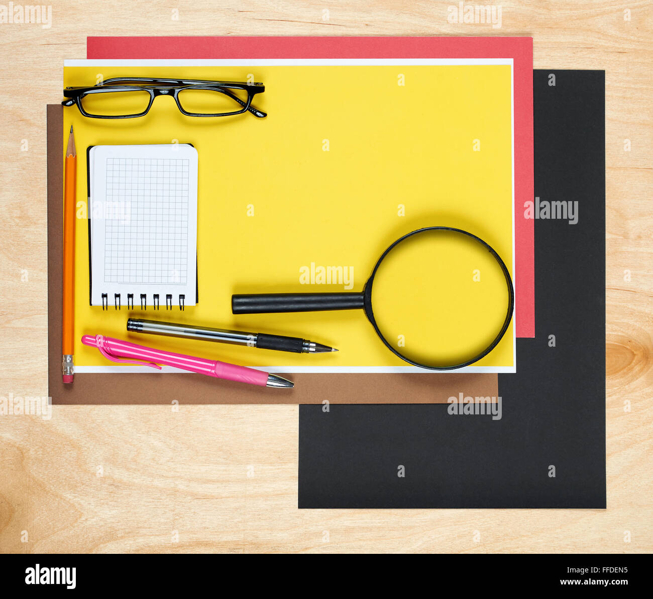Flat lay office tools and supplies. Flat design and top view of ...