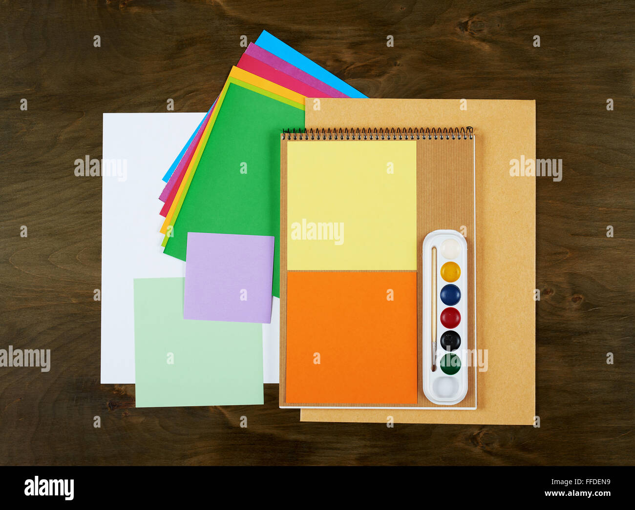Flat lay office tools and supplies. Stationery on wood background. Flat ...