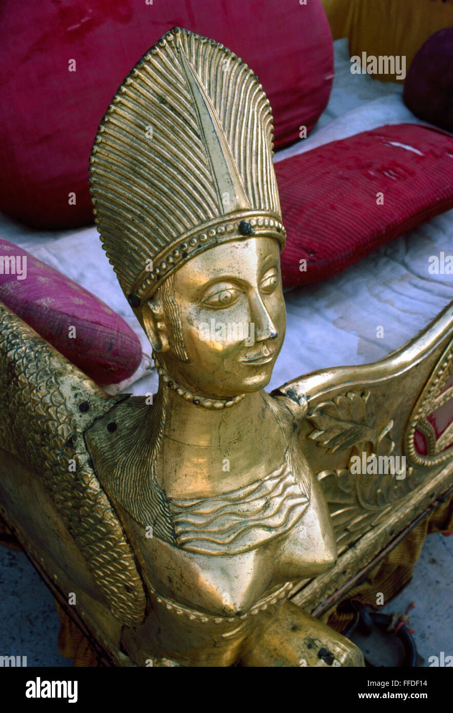 CEREMONIAL INDIAN HOWDAH. /nCarved wooden sphinx sheathed in gilded ...