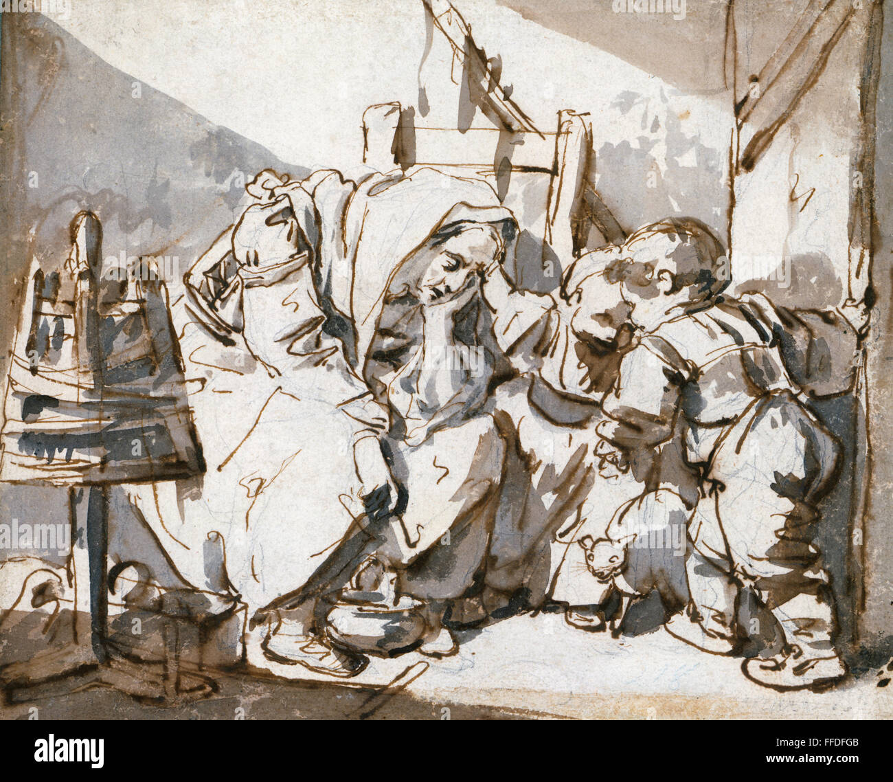 GREUZE: TIRED WOMAN. /nA tired woman with two children. Pen and ink ...