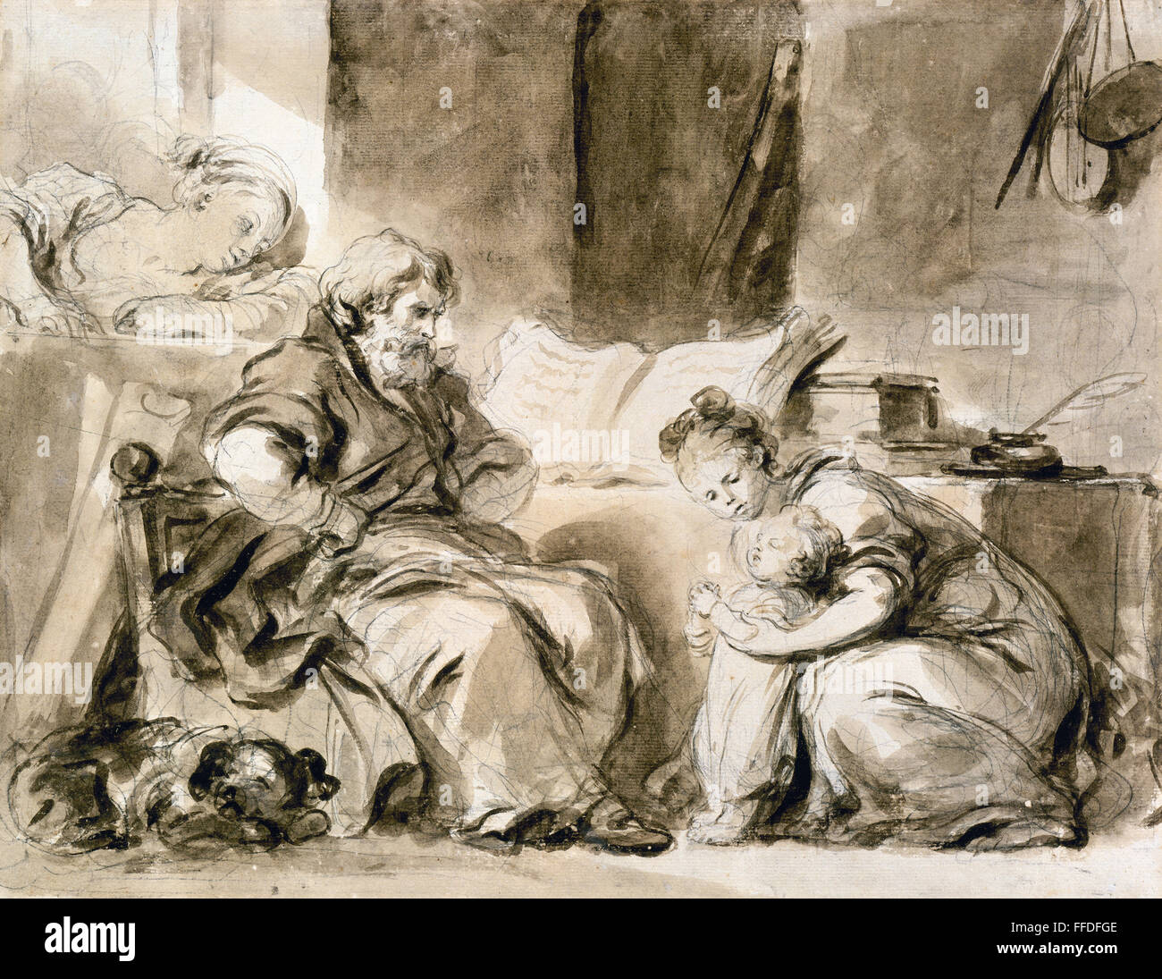 FRAGONARD: REPRIMAND. /n'Grandfather's Reprimand.' Chalk and wash ...