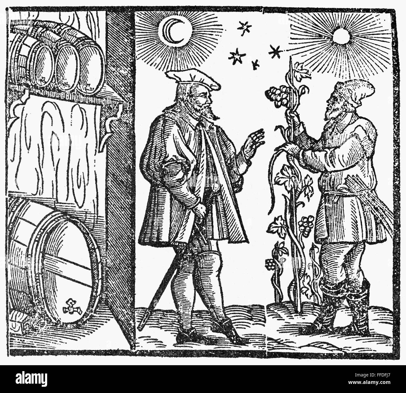 WINE MERCHANT, 1582. /nWine merchant and peasant tending vines. Woodcut ...