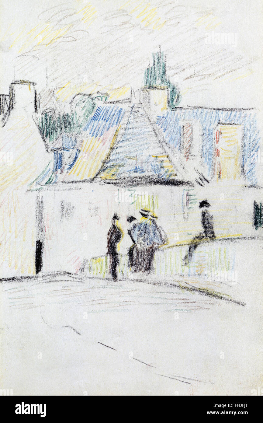 GAUGUIN: PONT-AVEN. /n'The Bridge at Pont-Aven.' Pen and crayon drawing ...
