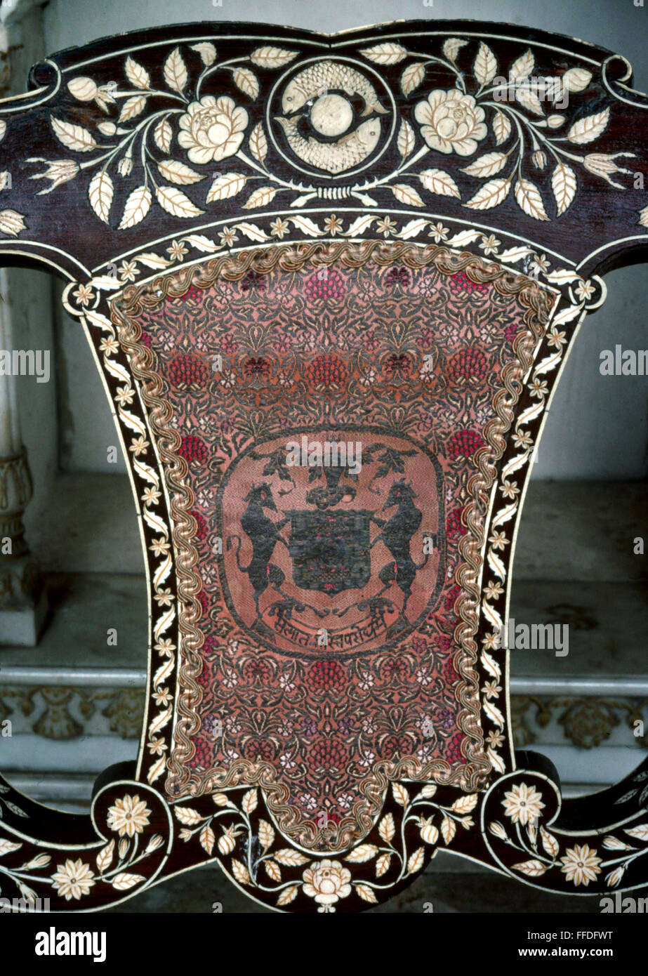INDIAN CHAIR. /nDetail of an Indian chair of wood with inlaid ivory and ...