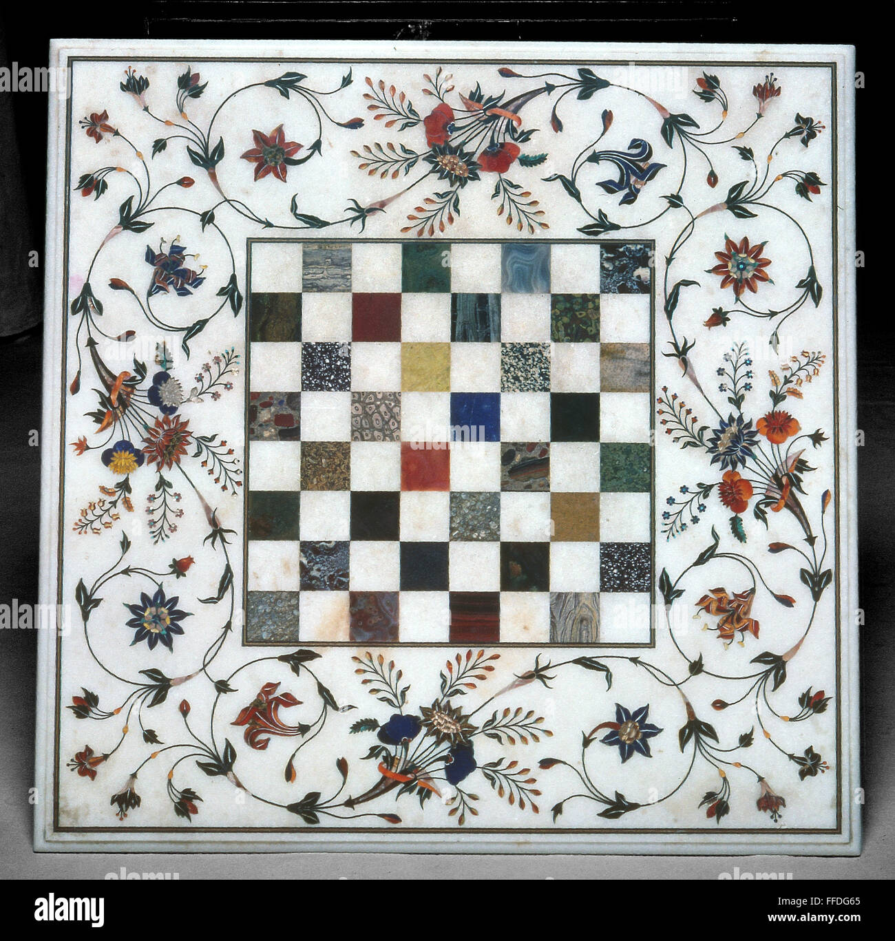 INDIAN CHESS BOARD. /nWhite stone chess board with designs of inlaid ...