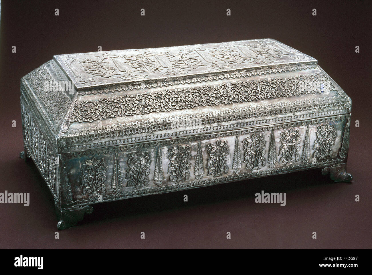 INDIA: DECORATIVE BOX. /nDecorative silver box with floral pattern ...