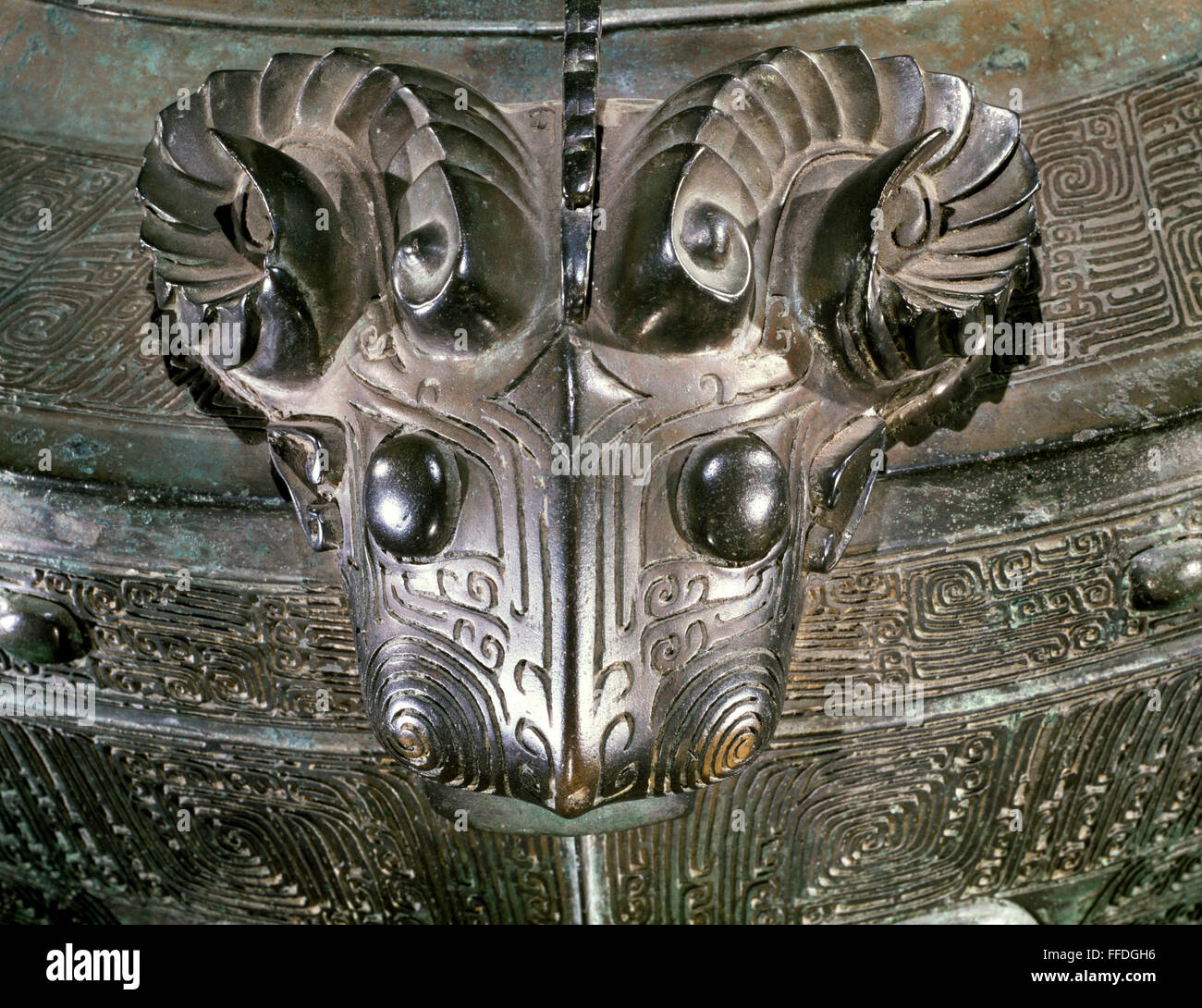 CHINA: BRONZE VASE. /nDetail of a ram's head from a bronze vase, 11th ...