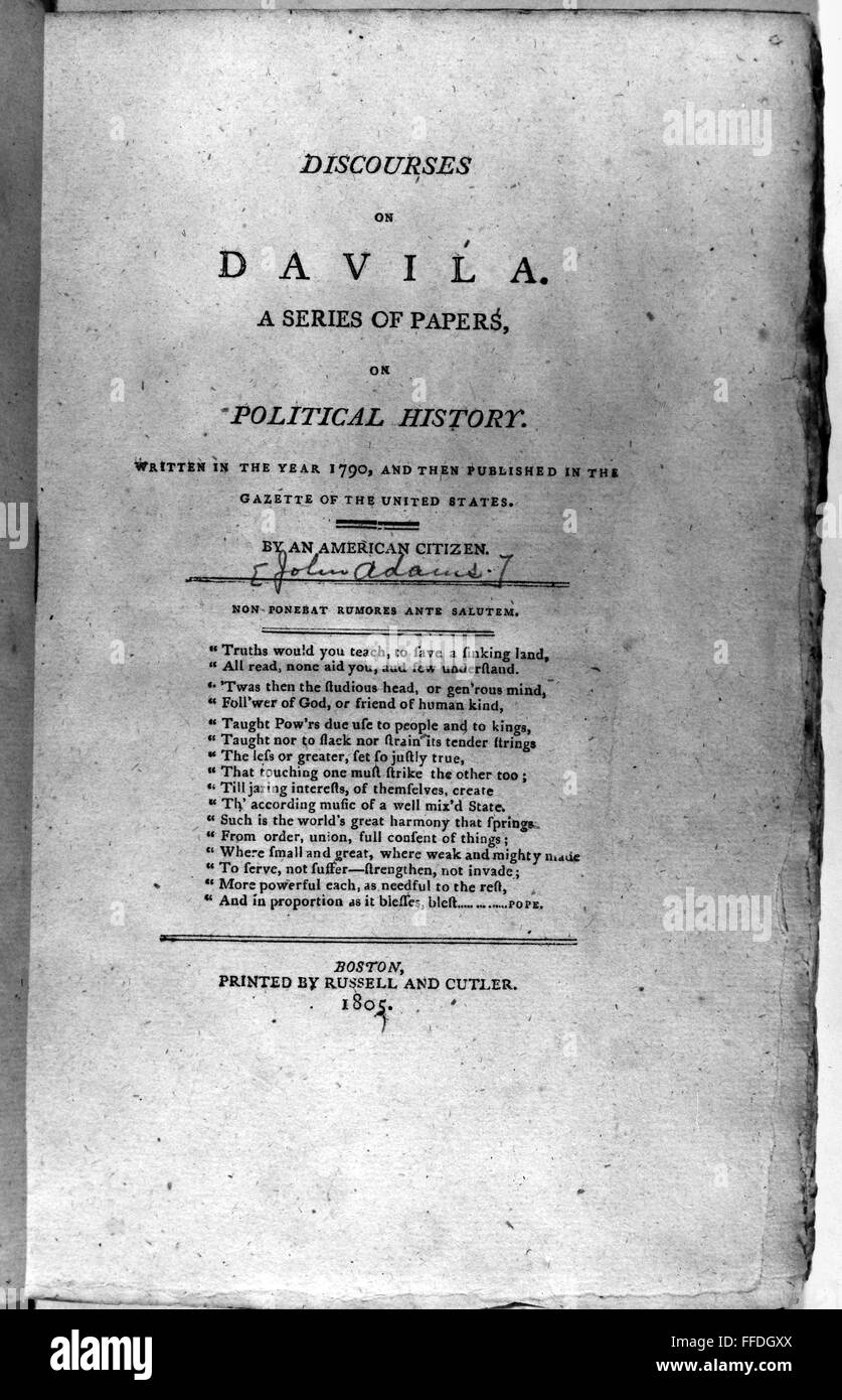 DISCOURSES ON DAVILA, 1790. /nTitle page of John Adams' 'Discourses on ...