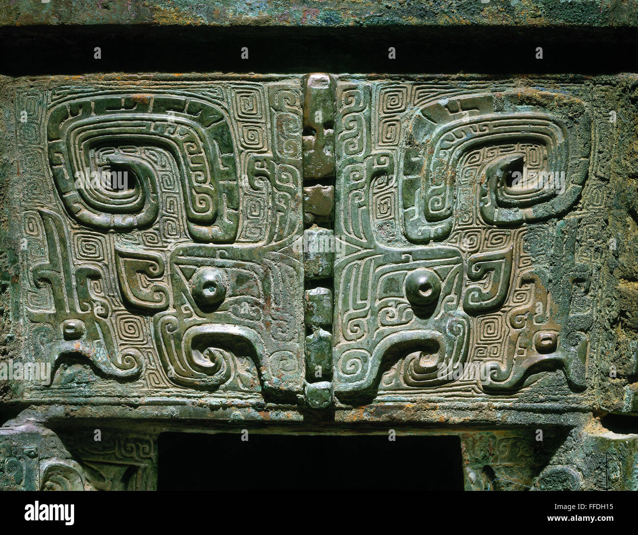CHINA: BRONZE VESSEL. /nDetail of a bronze 'fang ding' vessel. Anyang ...