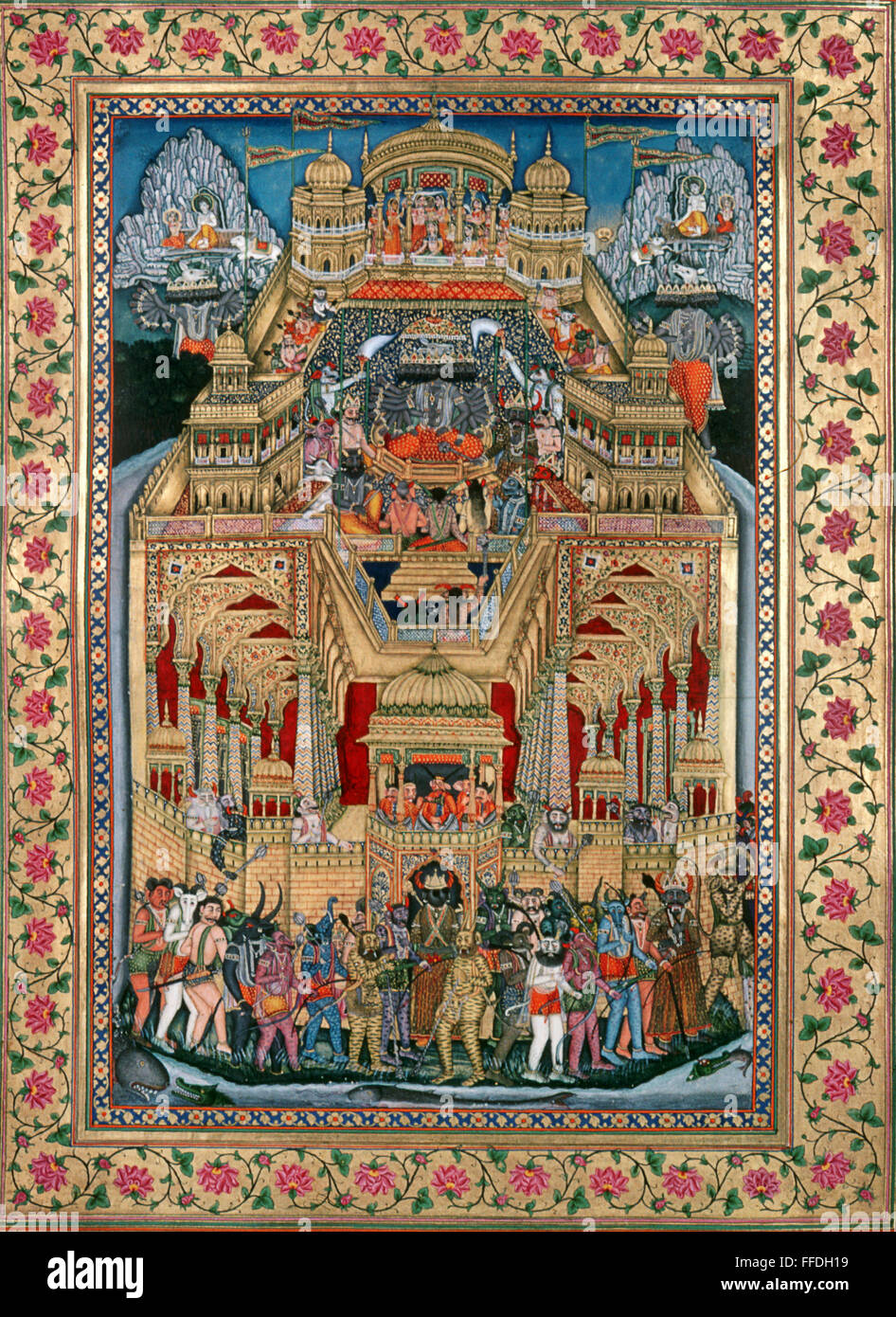 INDIA: RAMAYANA, 1813. /nPalace of the Hindu demon, Ravana, enthroned ...