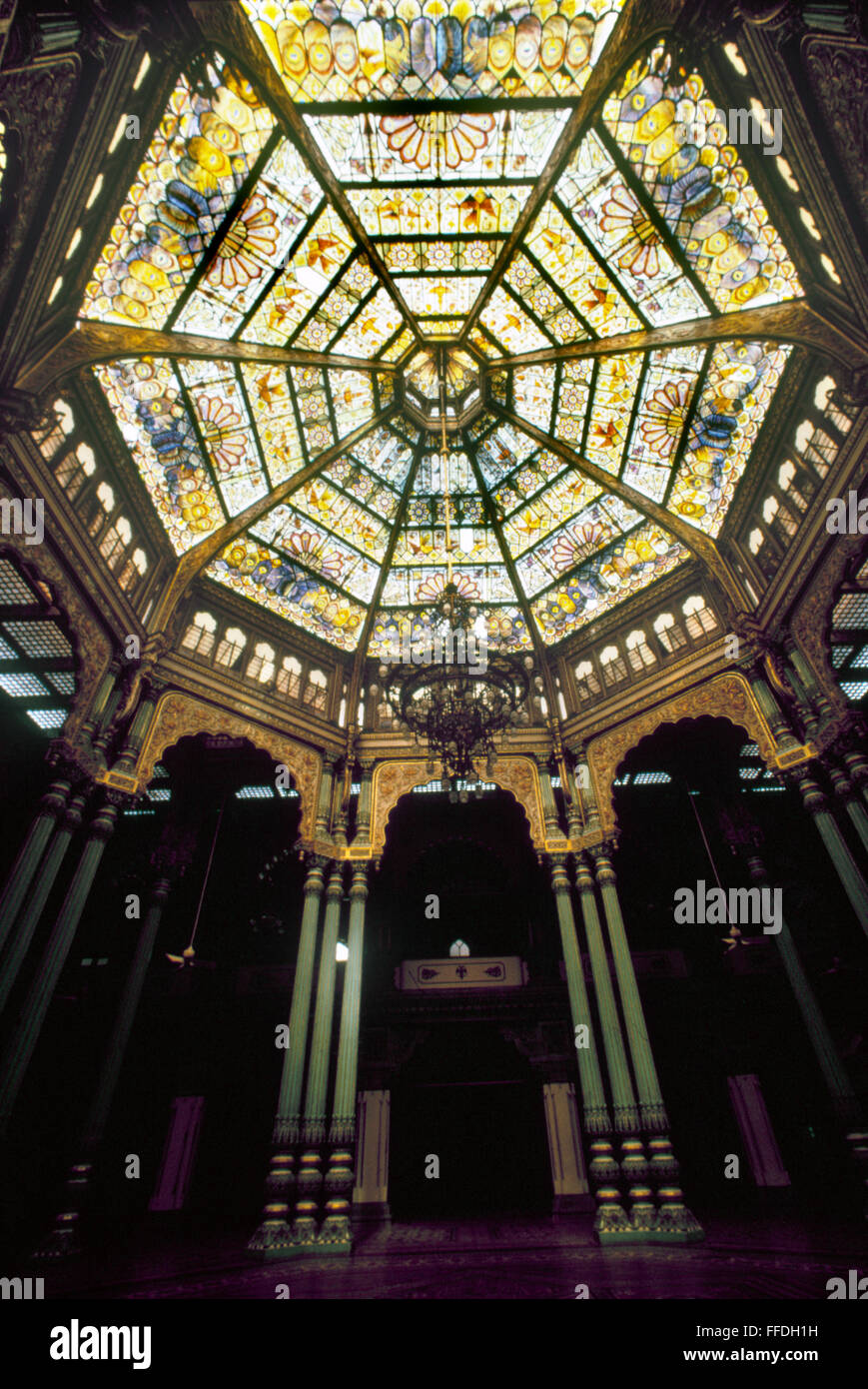 INDIA: MYSORE PALACE. /nStained glass ceiling over the Peacock Hall at ...