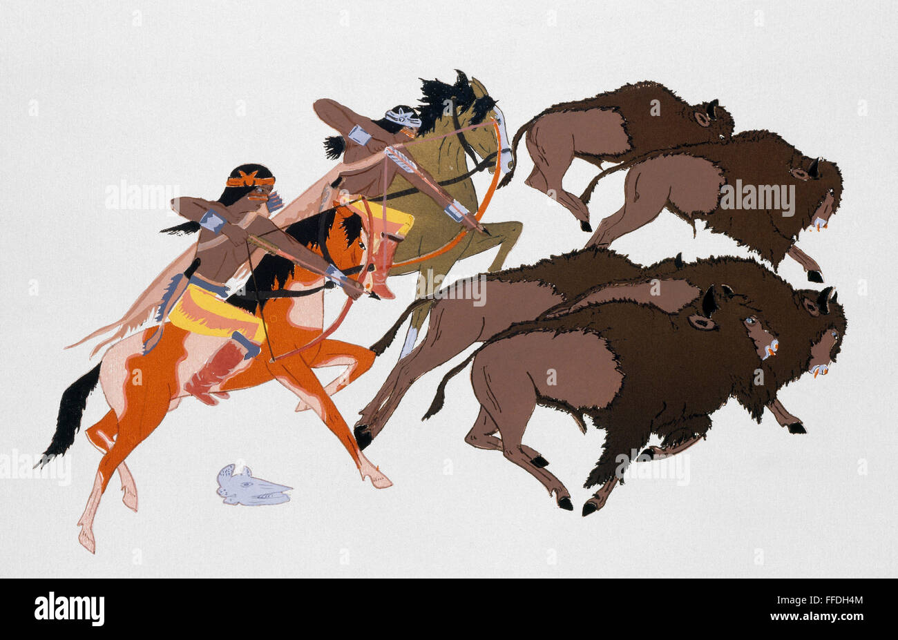 BUFFALO HUNT, c1880. /nA Native American buffalo hunt. Drawing, 20th ...