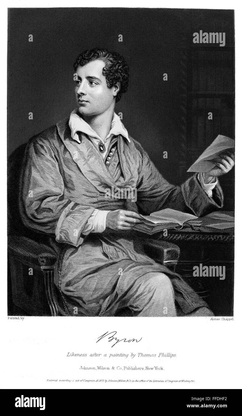 GEORGE GORDON BYRON /n(1788-1824). 6th baron Byron. Line engraving after a painting by Thomas ...
