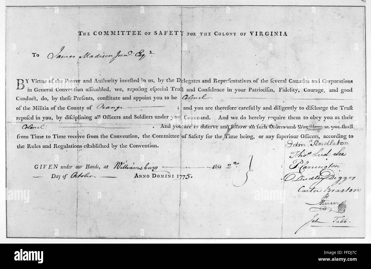 MADISON: COMMISSION, 1775. /nJames Madison's commission as a colonel in ...