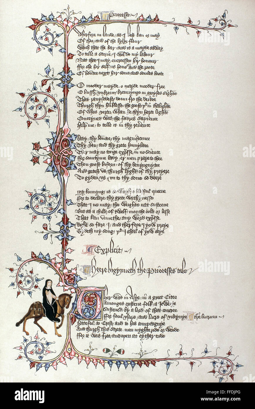 CHAUCER: CANTERBURY TALES. /nThe Prioress. A page from a facsimile of ...