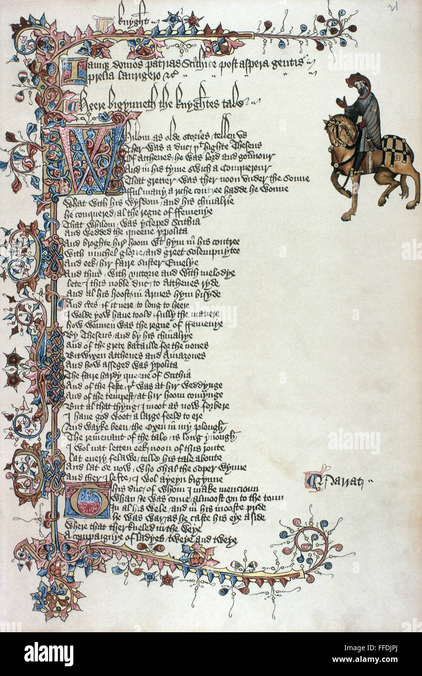 CHAUCER: CANTERBURY TALES. /nThe Knight. A page from a facsimile of the ...