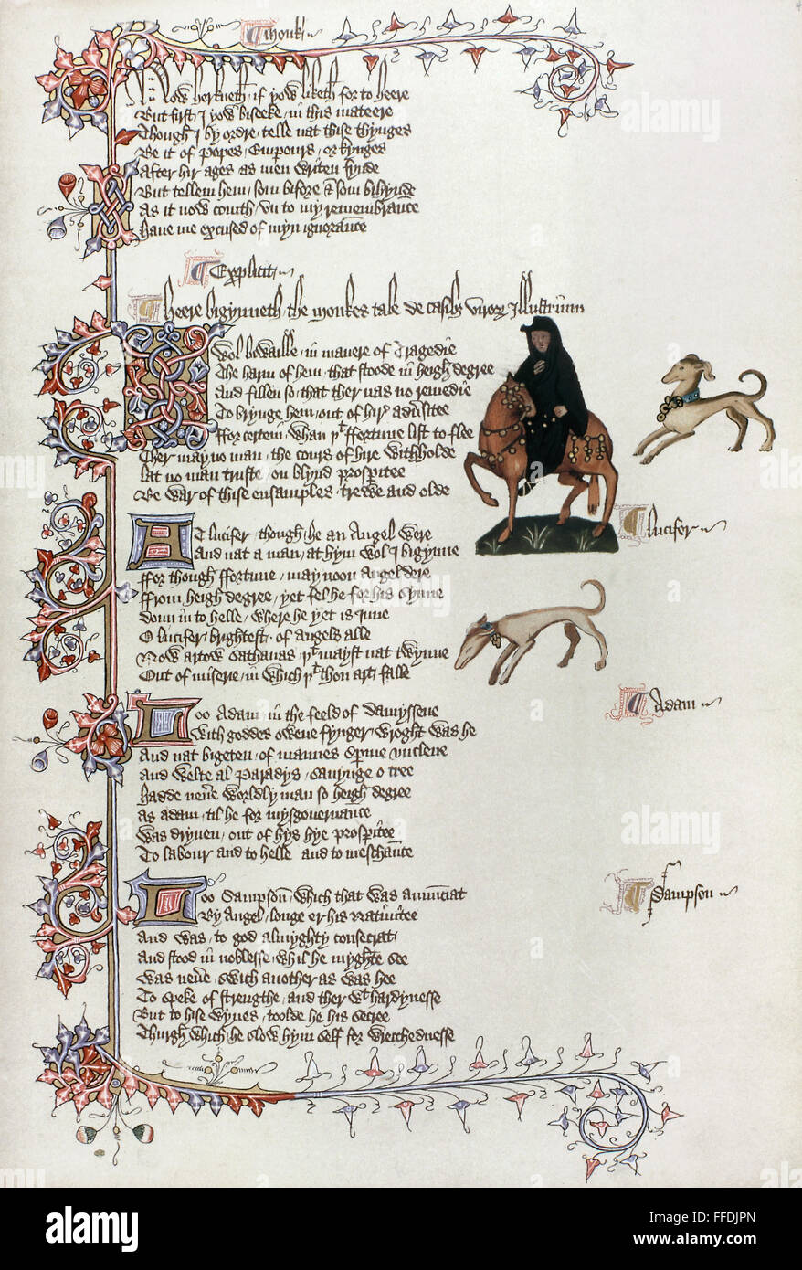CHAUCER: CANTERBURY TALES. /nThe Monk. A page from a facsimile of the ...