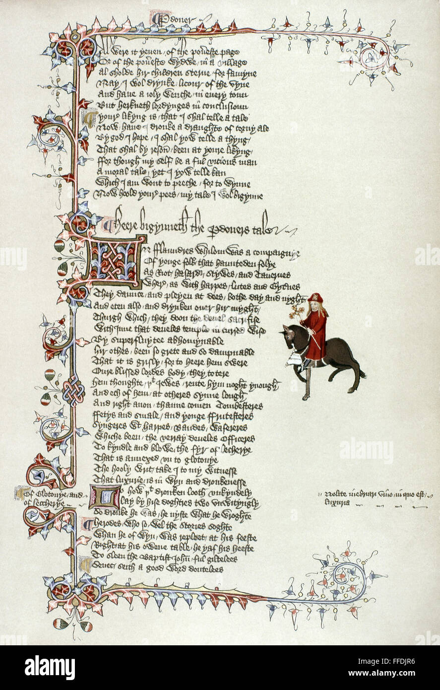 CHAUCER: CANTERBURY TALES. /nThe Pardoner. A page from a facsimile of ...