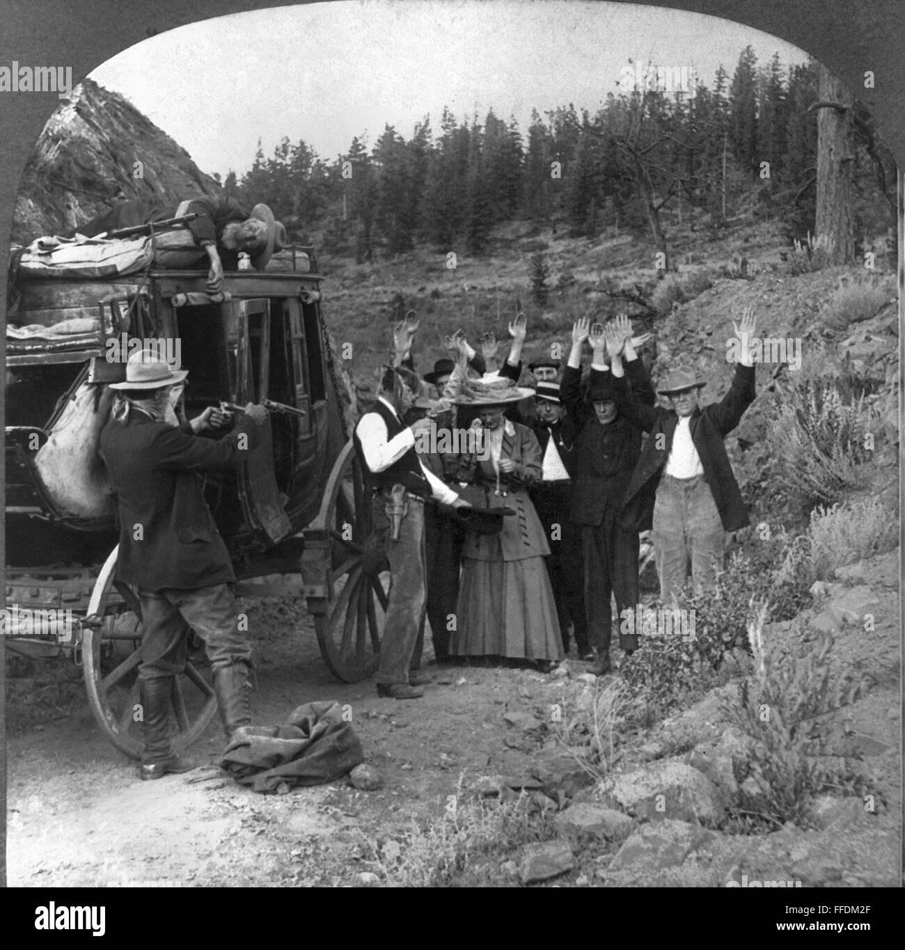 STAGECOACH ROBBERY, 1911. /nA group of men and women during a hold up ...