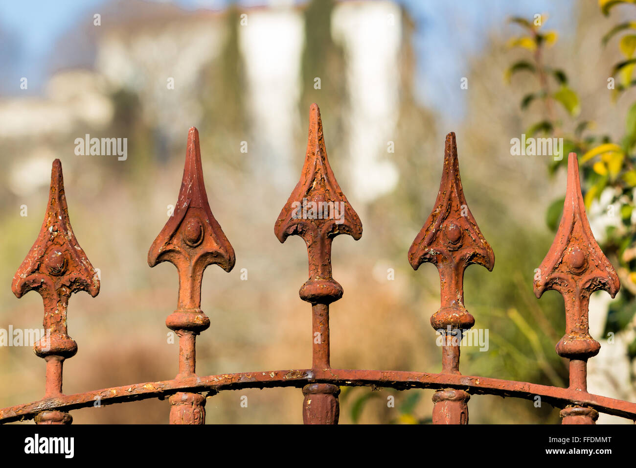 old metal fence and Rusty wrought iron, selective focus, bokeh Stock ...