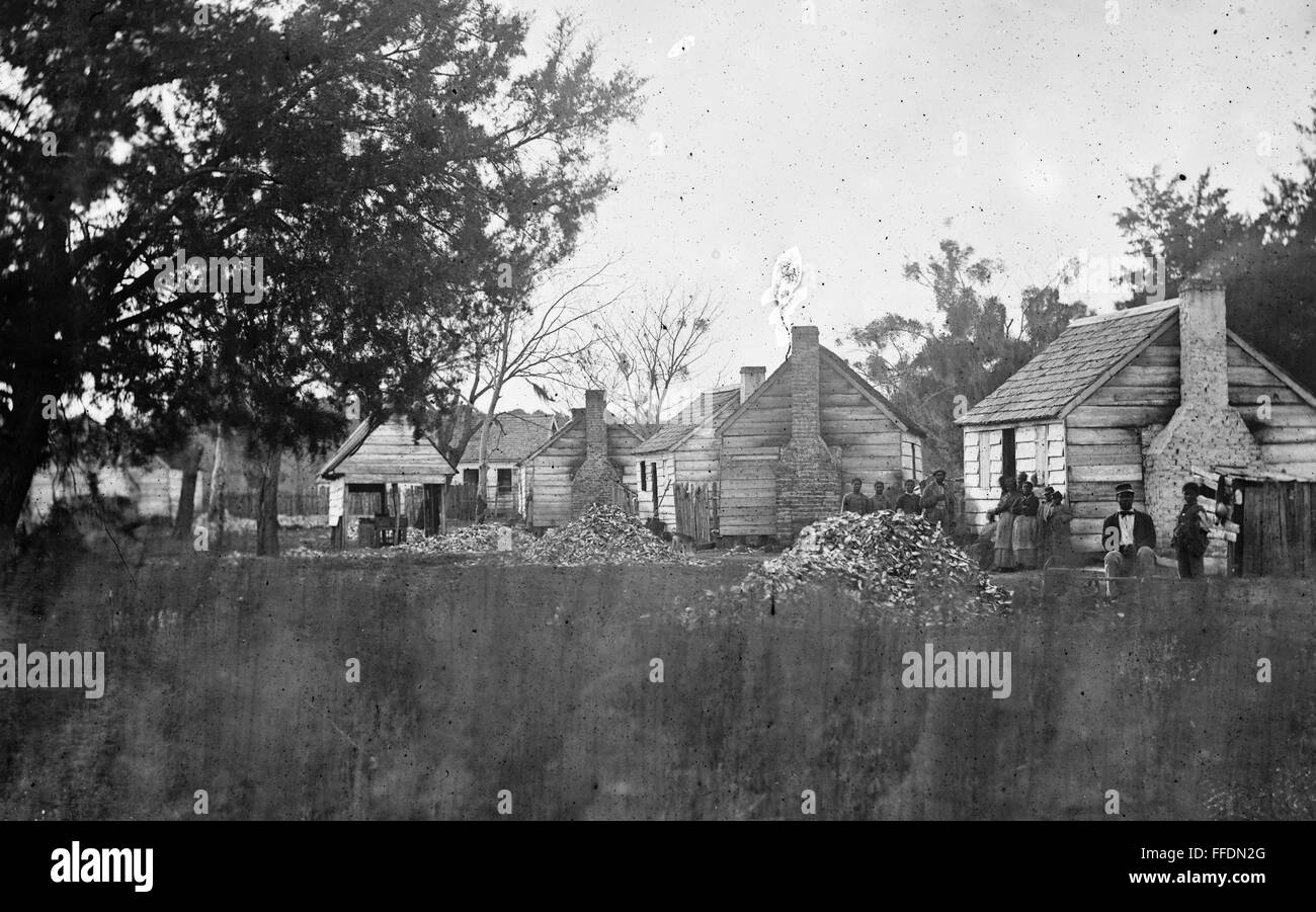 SLAVE QUARTERS, 1862. /nSlave quarters on a plantation at Port Royal ...